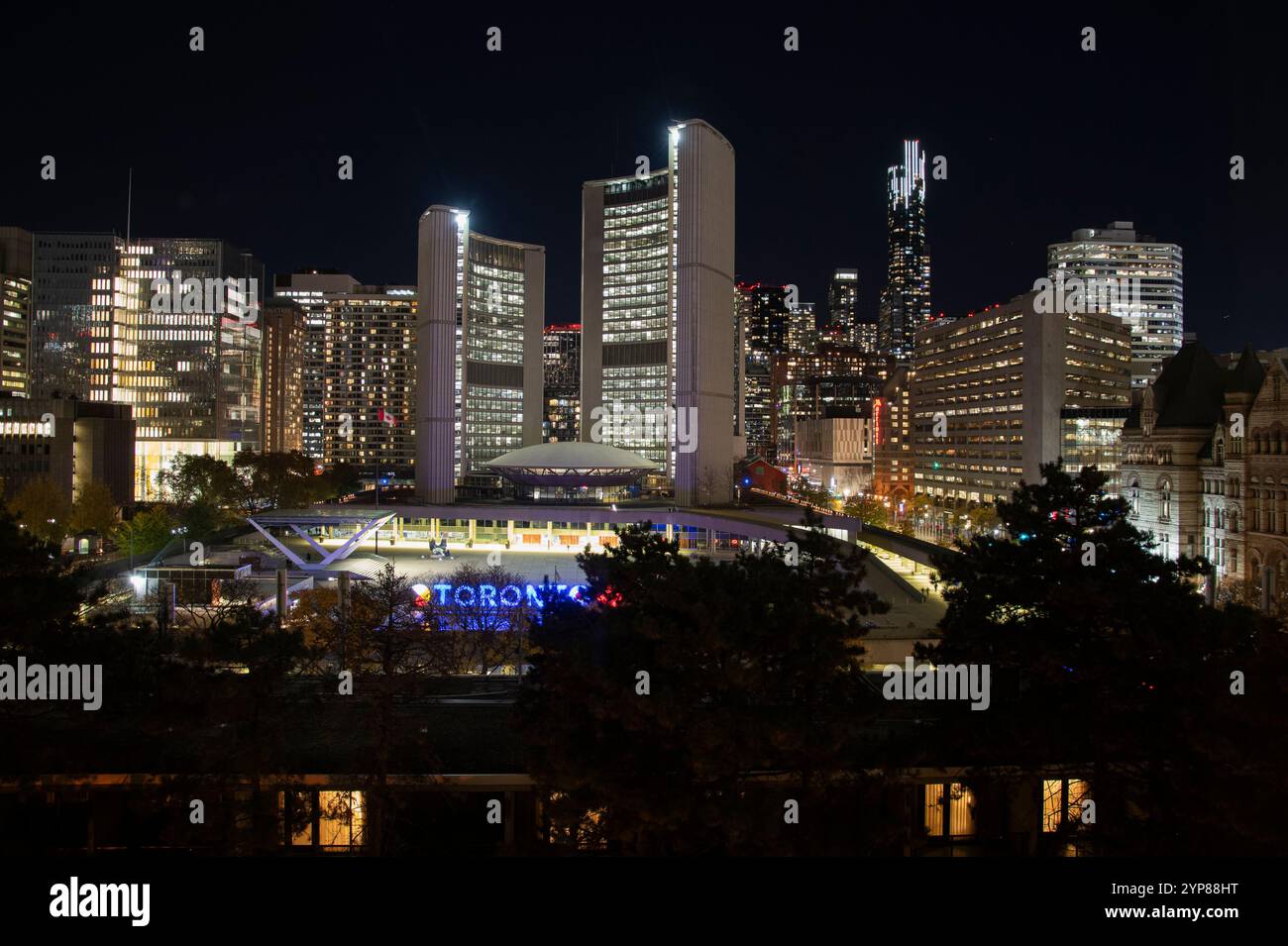Toronto city hall at night on Queens Street West in Ontario, Canada ...