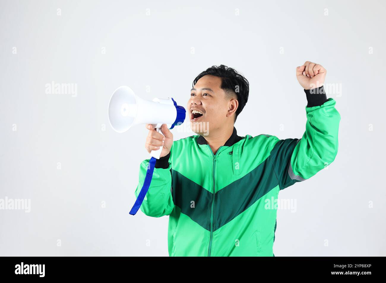 Indonesian Online Driver Grab Gojek Holding Megaphone Making Fist Hand ...