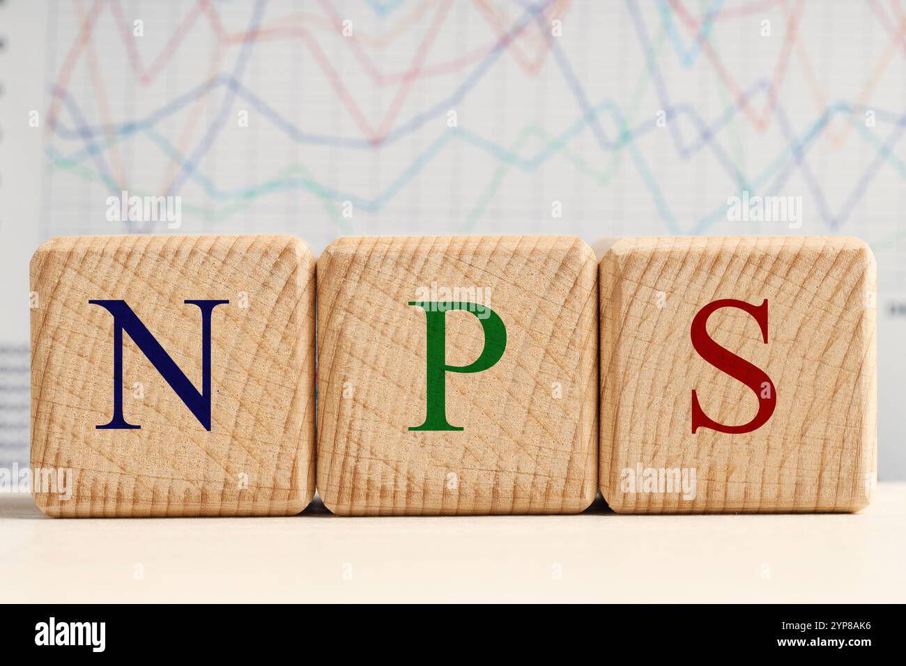 NPS (net promoter score) abbreviation made of cubes on white table ...