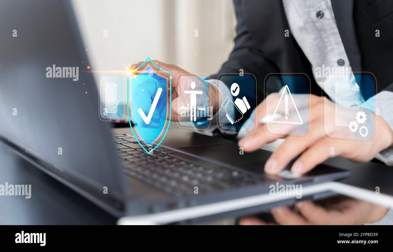 Compliance in business concept. Person use laptop with compliance icon ...