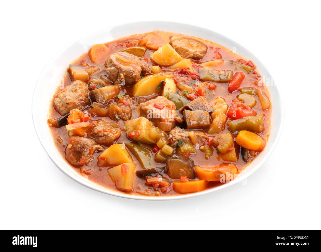 Delicious stew with vegetables in bowl isolated on white Stock Photo ...