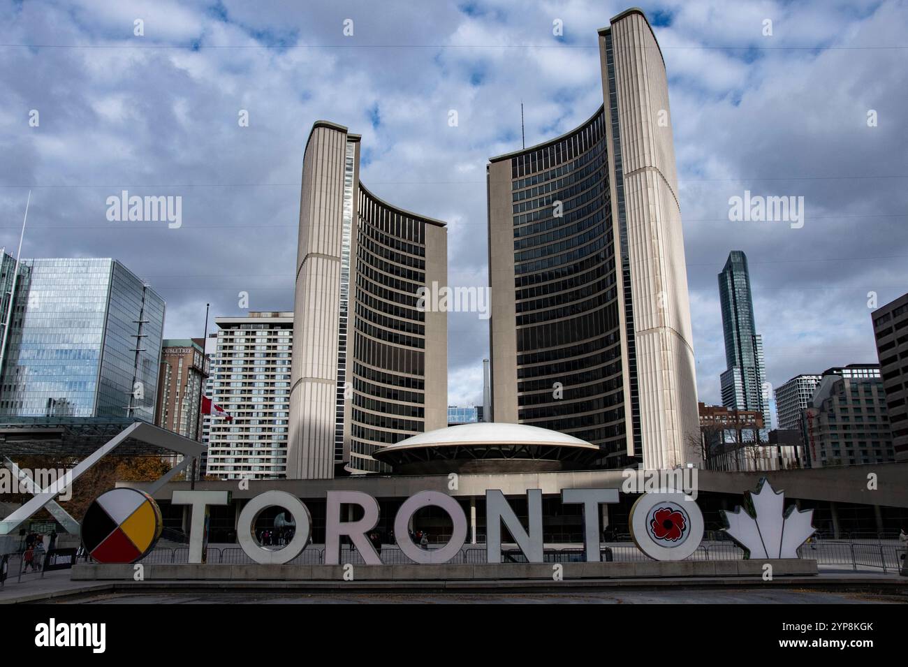 Toronto sign in front of city hall on Queens Street West in Ontario ...