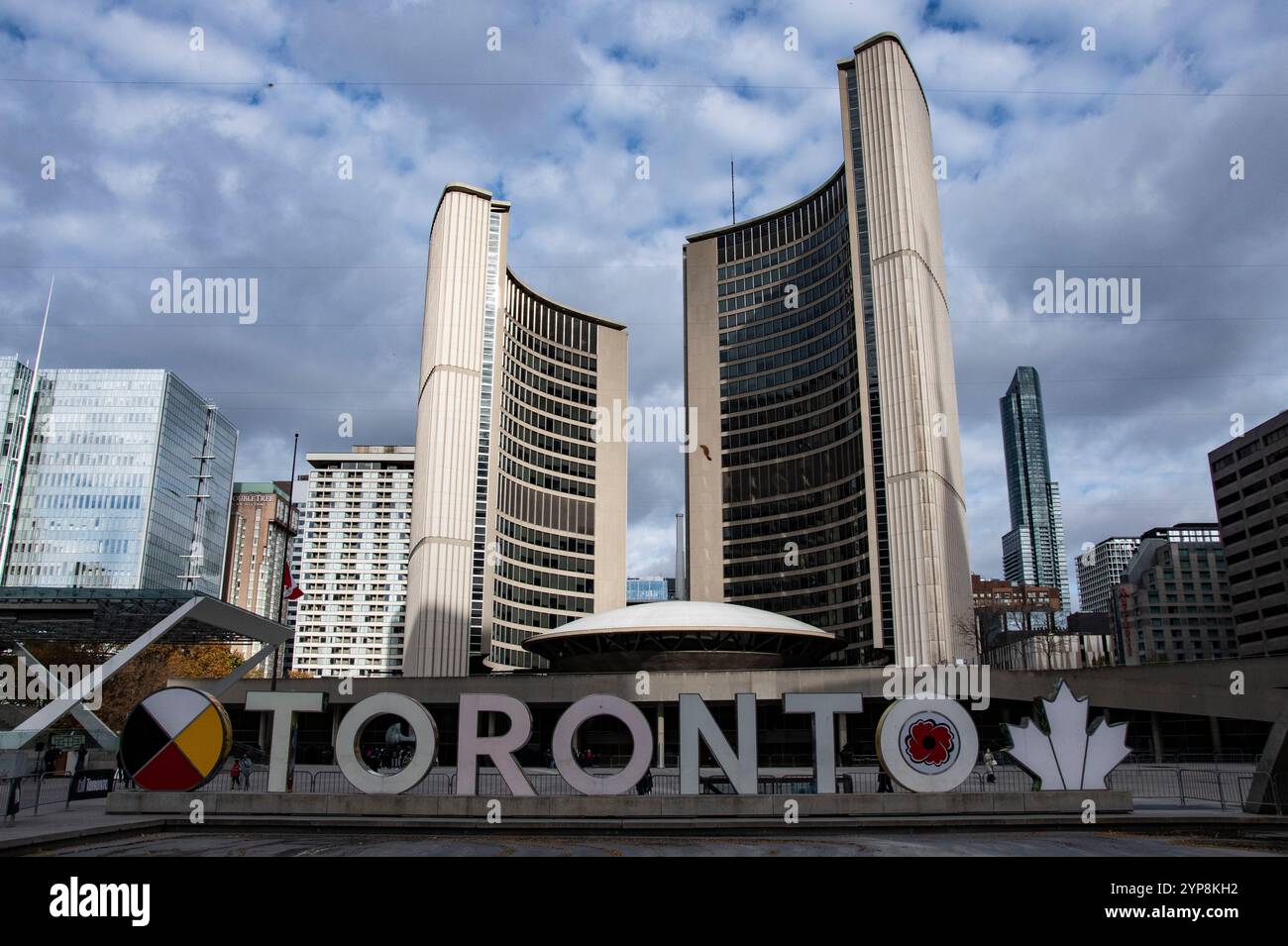 Toronto sign in front of city hall on Queens Street West in Ontario ...