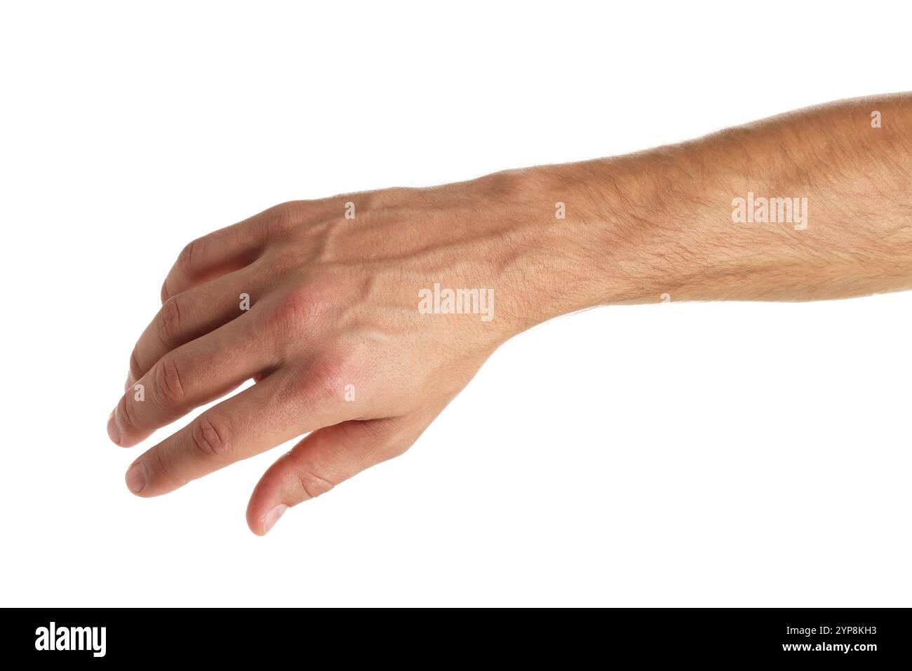Man with bulging veins on his arm against white background, closeup ...