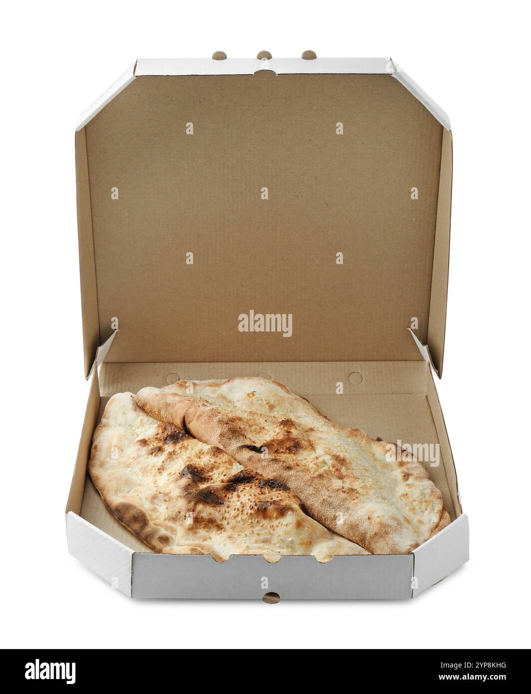 Delicious calzones in cardboard box isolated on white Stock Photo - Alamy