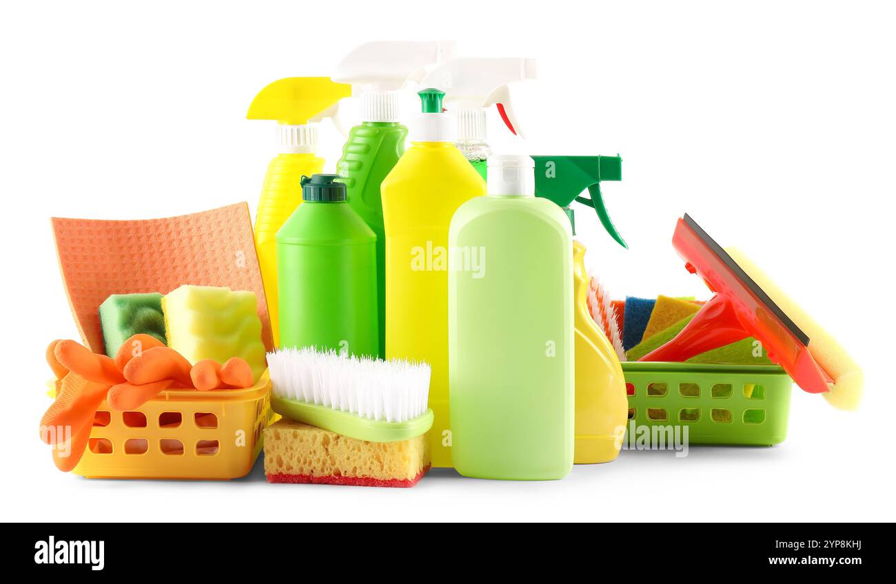 Set of different cleaning products isolated on white Stock Photo - Alamy