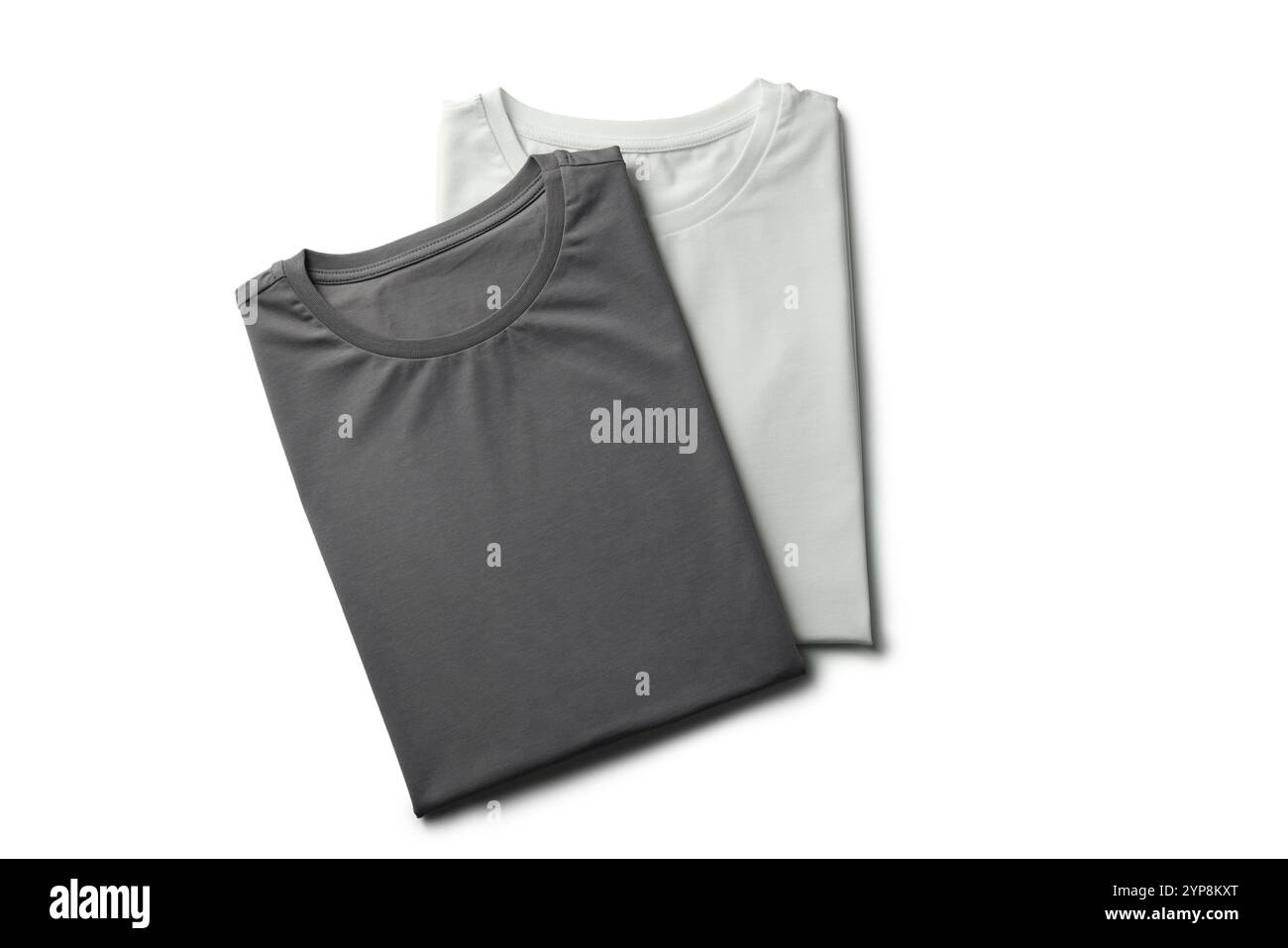 White and grey t-shirts on white background, top view. Mockup for ...