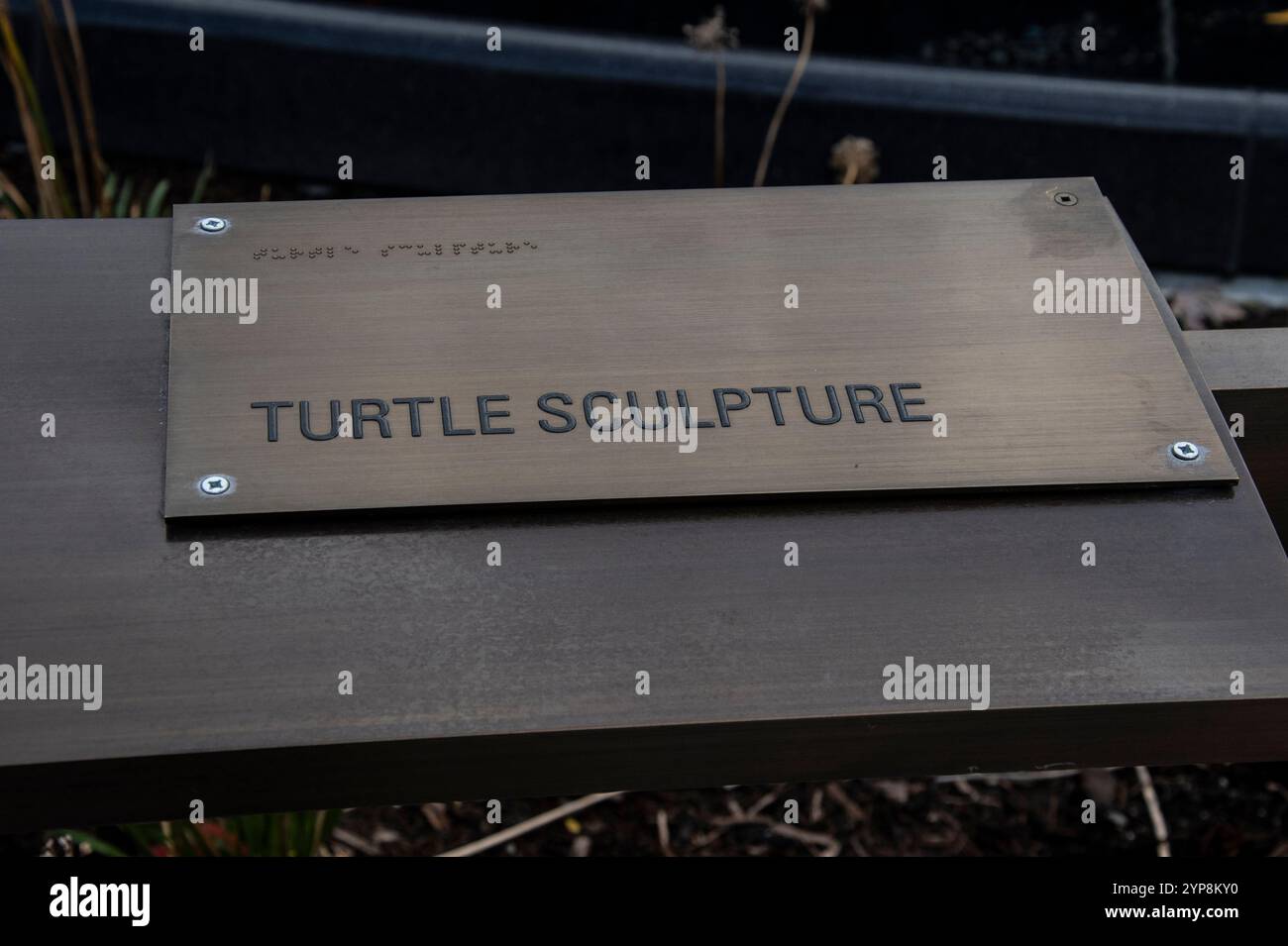 Turtle Sculpture etched sign at Spirit Garden at Nathan Phillips Square ...