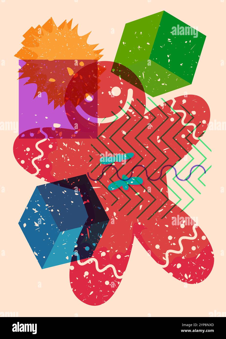 Risograph Gingerbread Man Christmas Cookie with geometric shapes ...