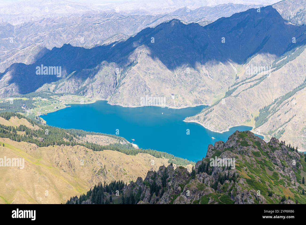 Aerial view of the Heaven Lake, Tianshan Tianchi National Geopark ...