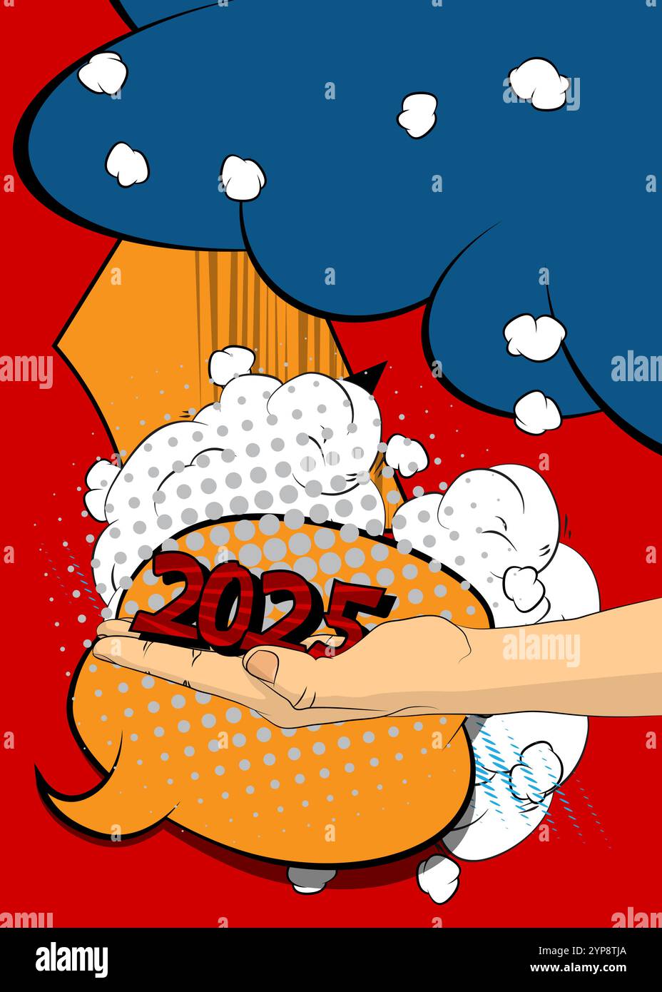 Cartoon, comic book human hands holding 2025. Retro vector comics pop ...