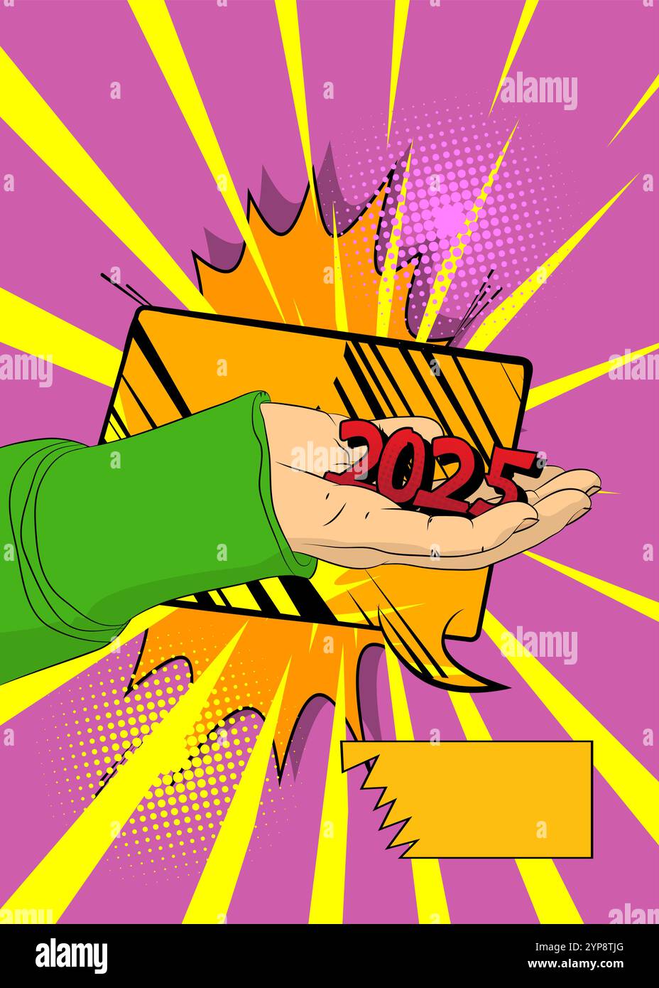Cartoon, comic book human hands holding 2025. Retro vector comics pop ...