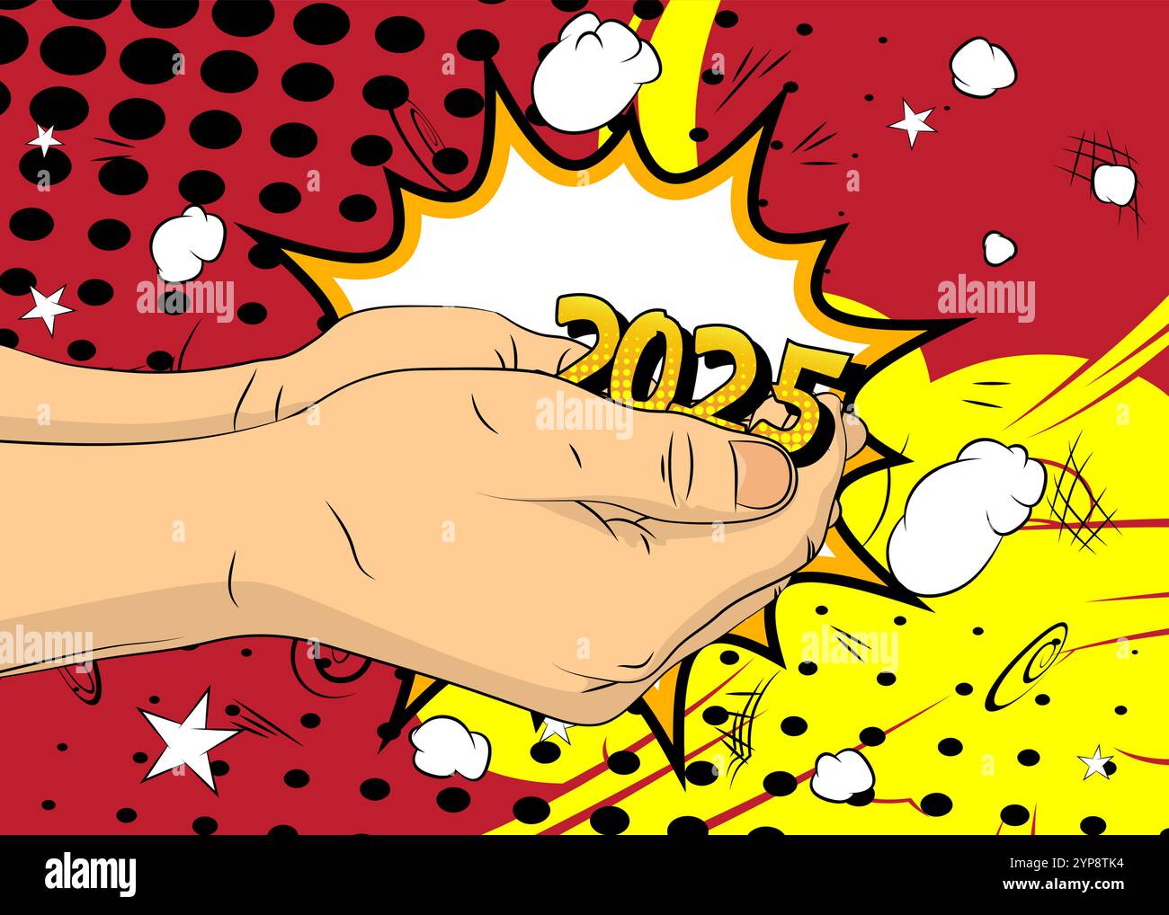 Cartoon, comic book human hands holding 2025. Retro vector comics pop ...