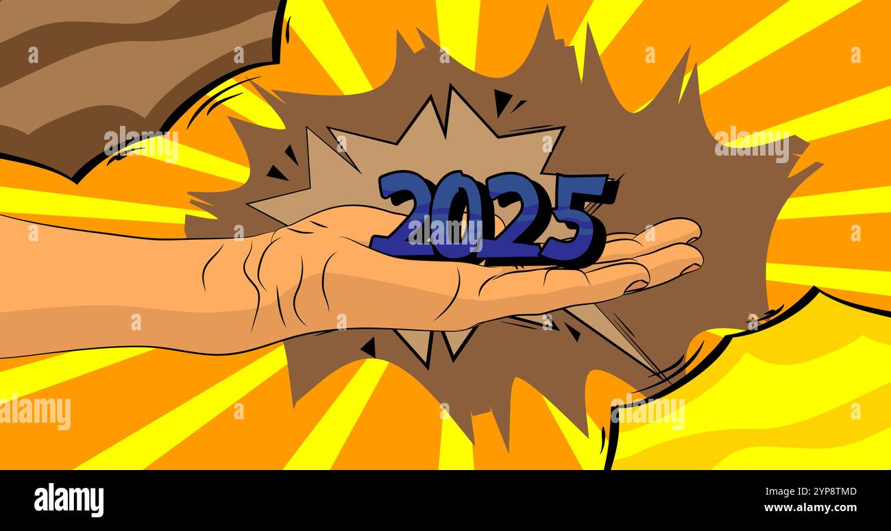 Cartoon, comic book human hands holding 2025. Retro vector comics pop ...