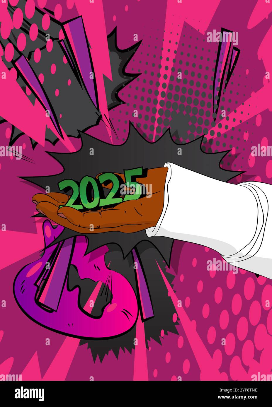 Cartoon, comic book human hands holding 2025. Retro vector comics pop ...