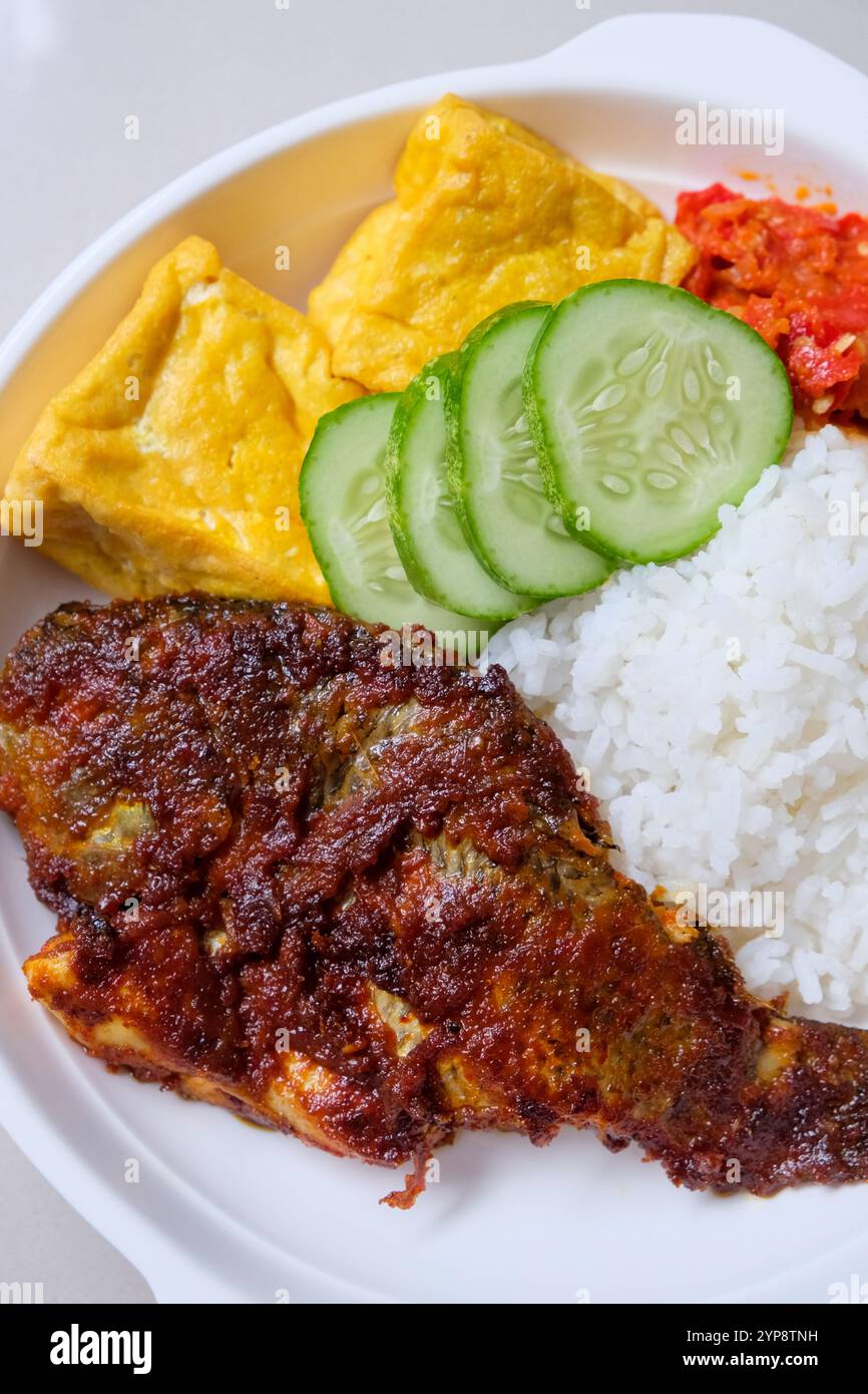 Homemade indonesian food, white rice served with grilled tilapia, fried ...
