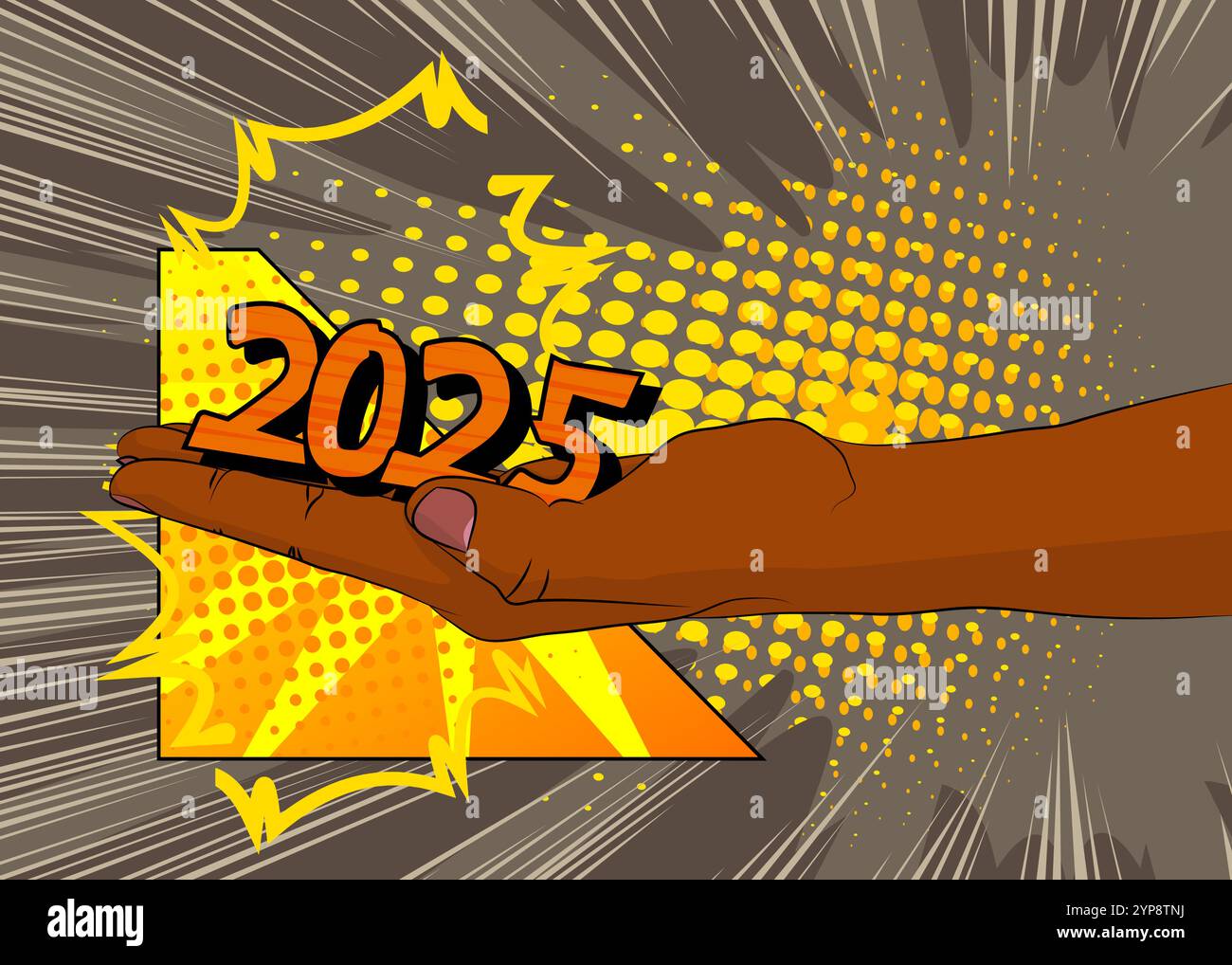 Cartoon, comic book human hands holding 2025. Retro vector comics pop ...