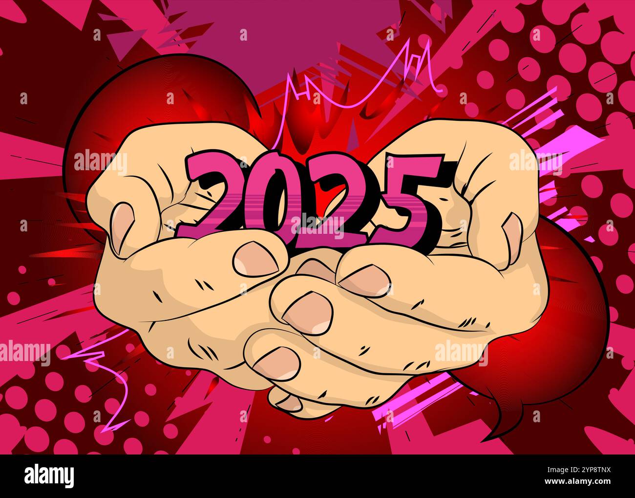 Cartoon, comic book human hands holding 2025. Retro vector comics pop ...