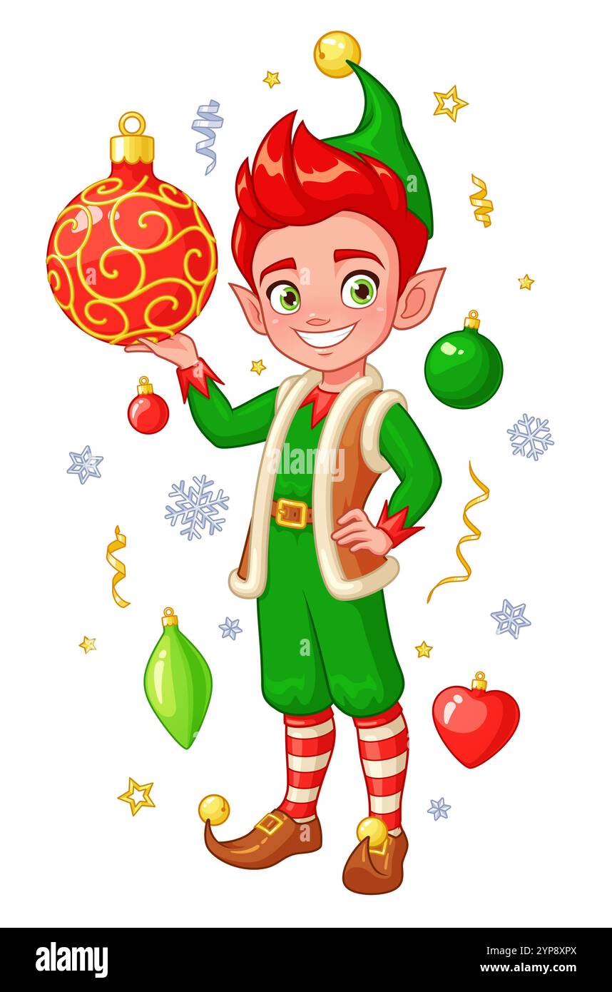 Cute happy Elf boy with Christmas ball. Santas little helper vector ...