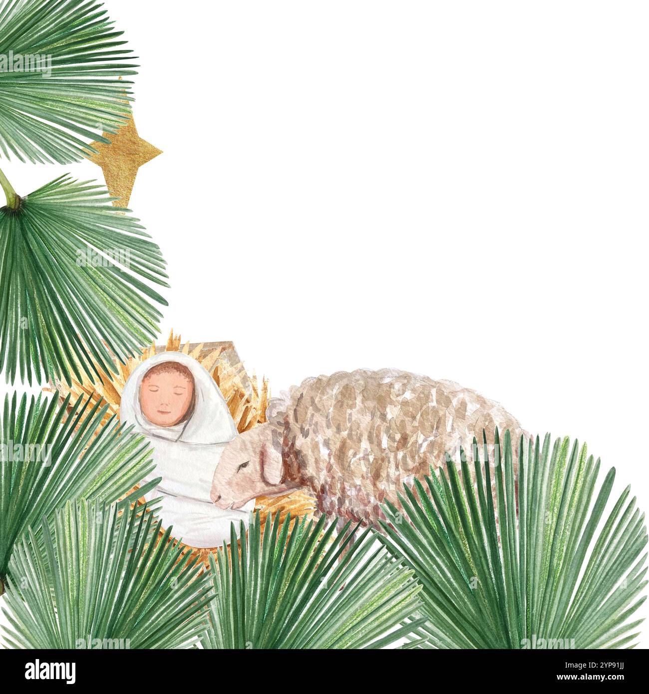 Wooden manger with baby Jesus, sheep looking at him palm leaves ...