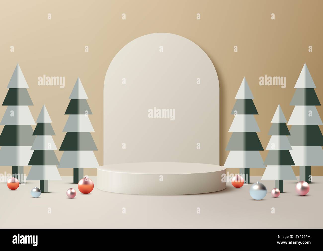 Festive Christmas scene with a white podium, geometric pine trees, and ...