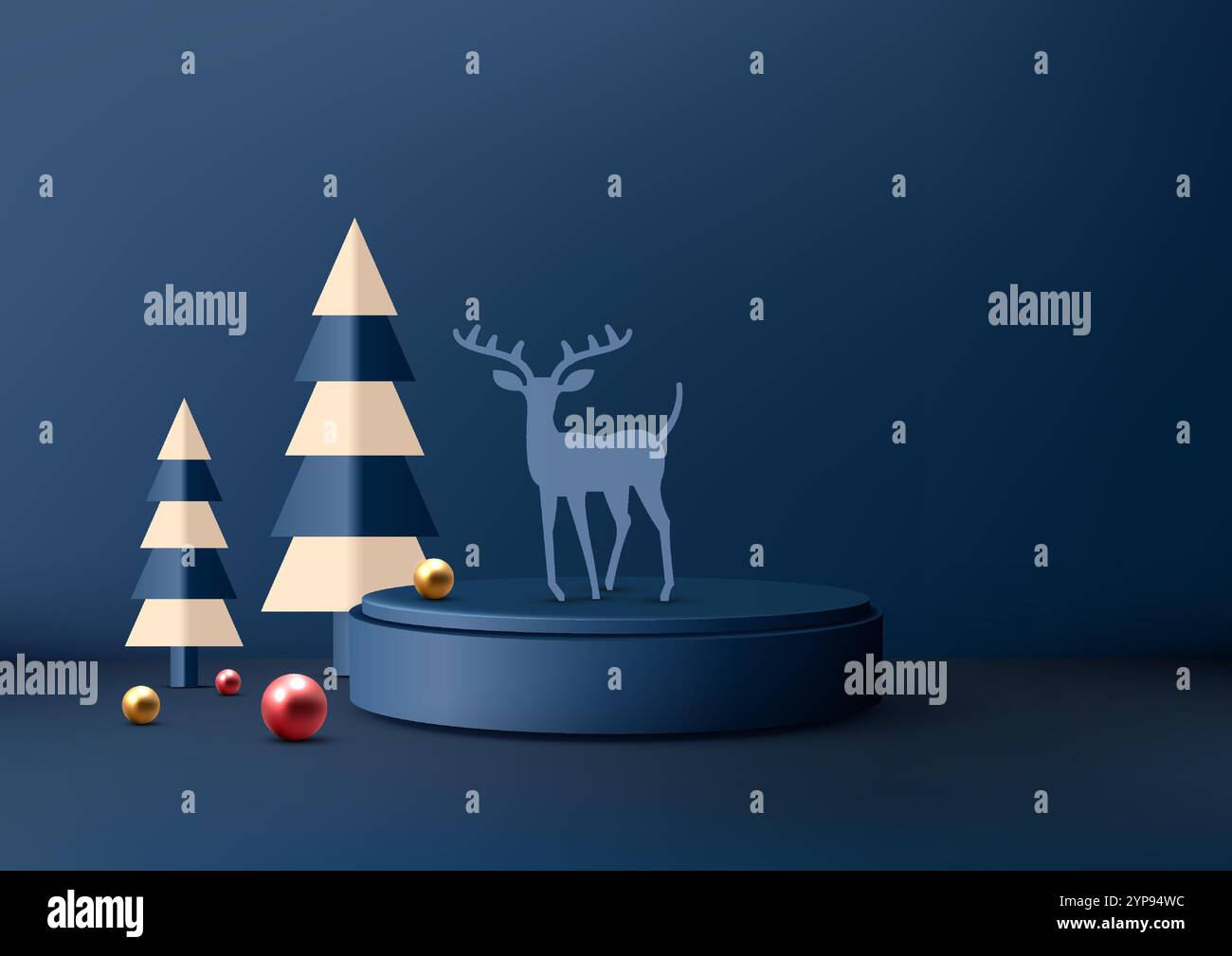 Christmas festive composition with a minimalist blue pedestal, reindeer ...