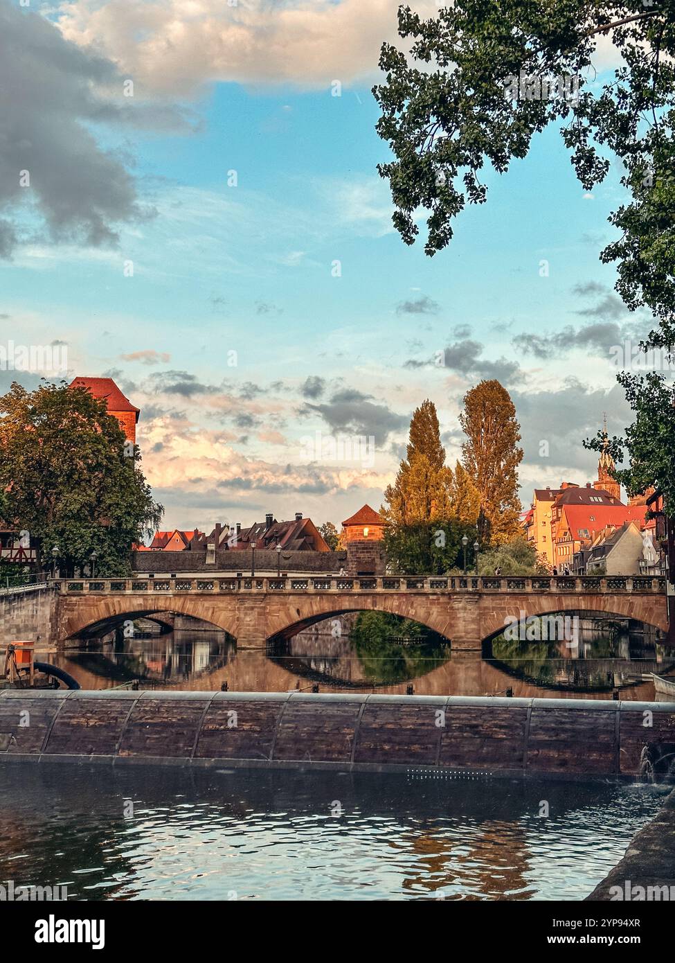 General view of the Maxbrücke (Max bridge) on the Pegnitz river in old ...
