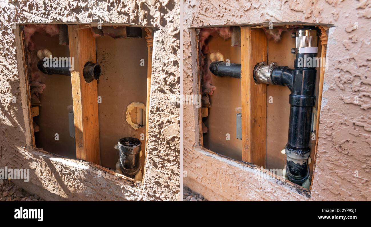 Before and After Plumbing Repair Service. Cut Out External Wall of ...