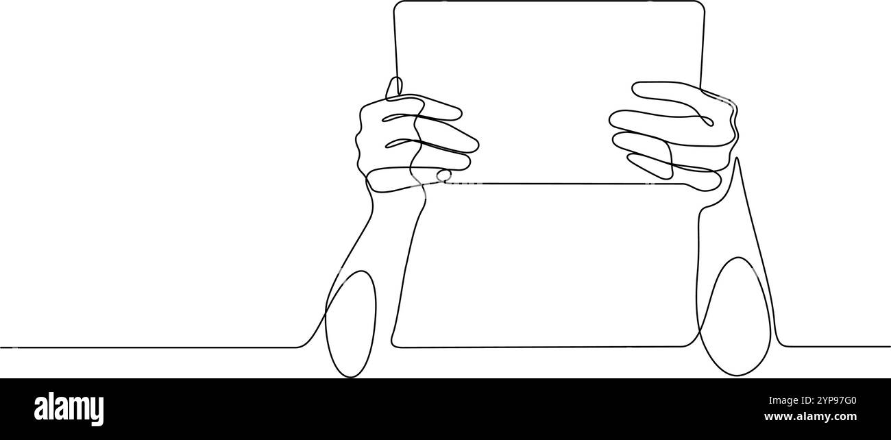 hand using digital tablet communication one line drawing continuous ...