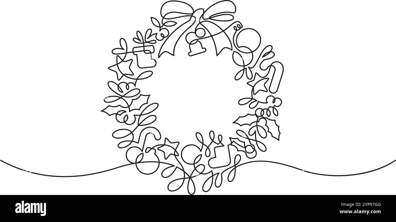 christmas wreath decoration hanging one line continuous drawing hand ...