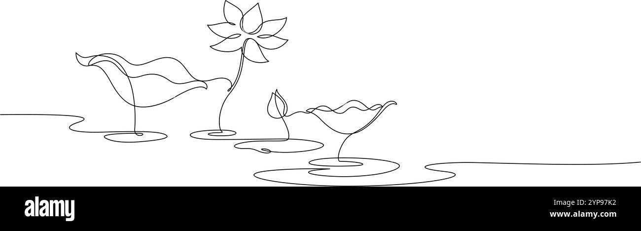 lotus water lily blooming and leaf nature pond scenic one line drawing ...
