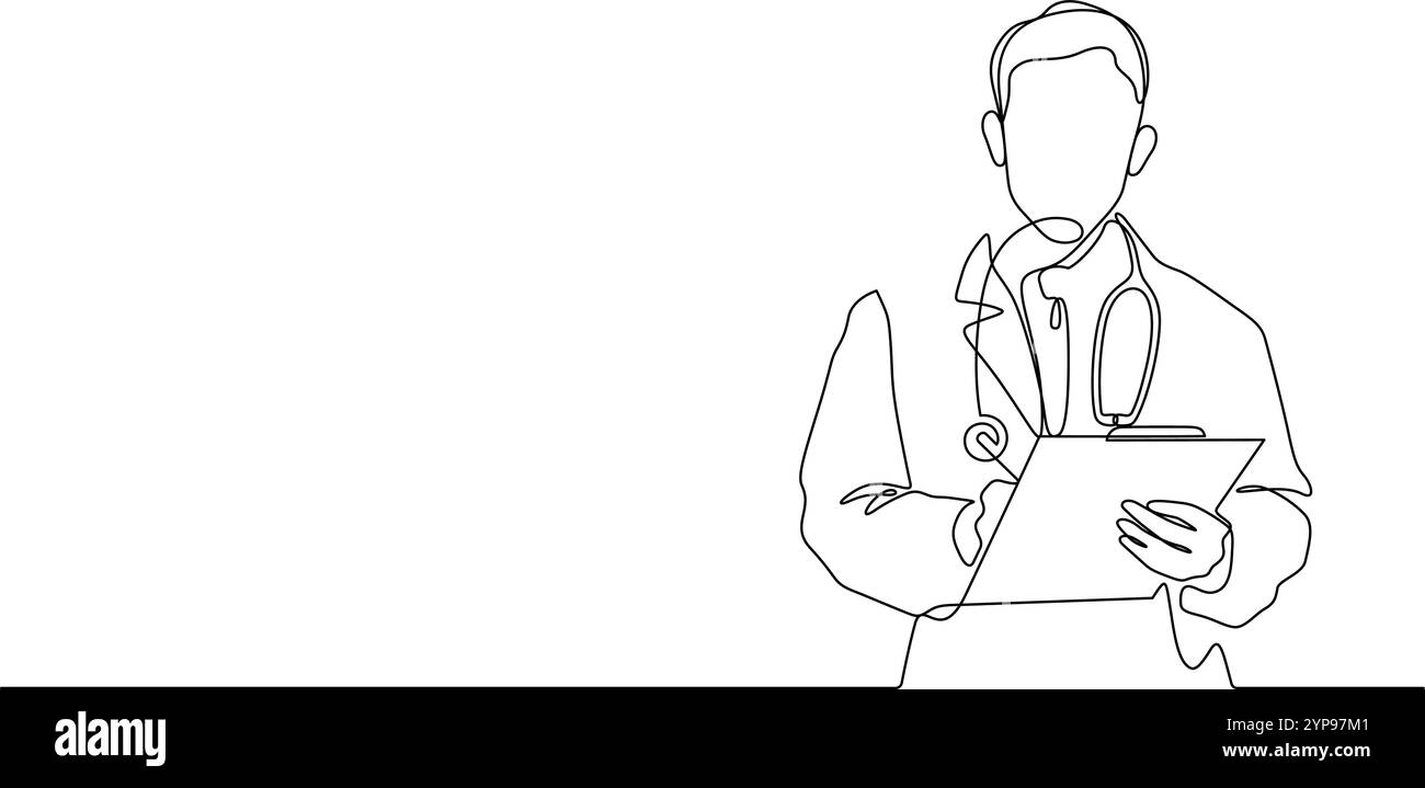 doctor with gown, stethoscope and holding clipboard pose one line ...
