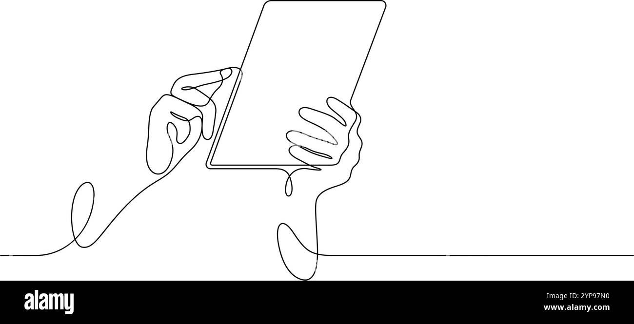 hand using tablet online working and communication one line drawing ...