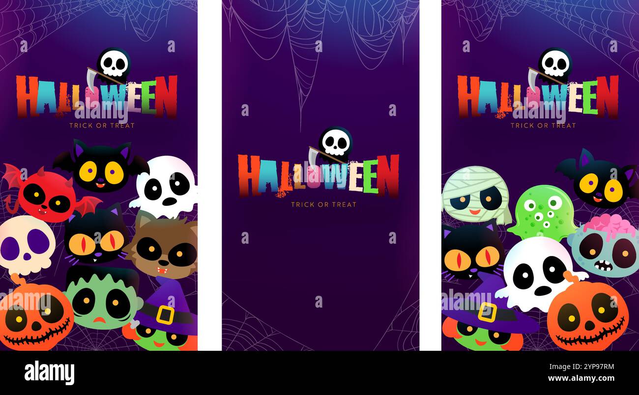 halloween greeting trick or treat with cute spooky character decoration ...