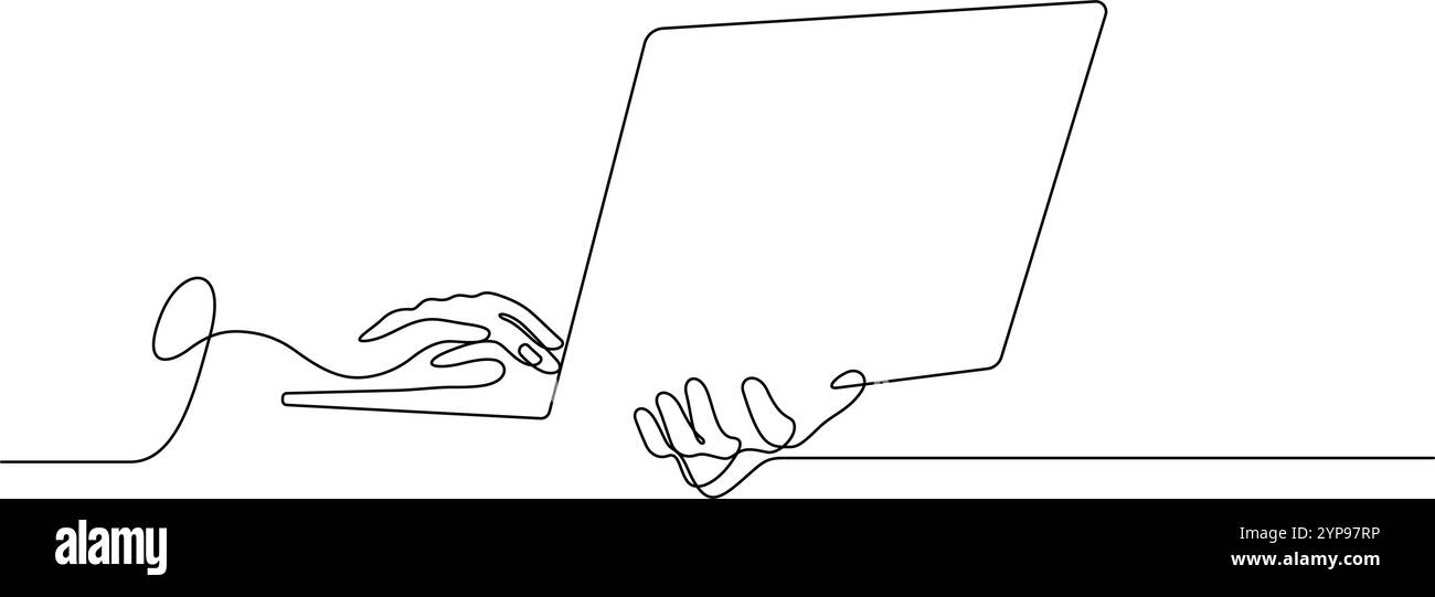 hand using laptop computer online working and communication one line ...