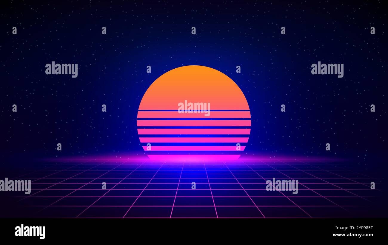 Synthwave background 80's. Retro style, neon color. Futuristic 3d dark blue backdrop, geometric ...