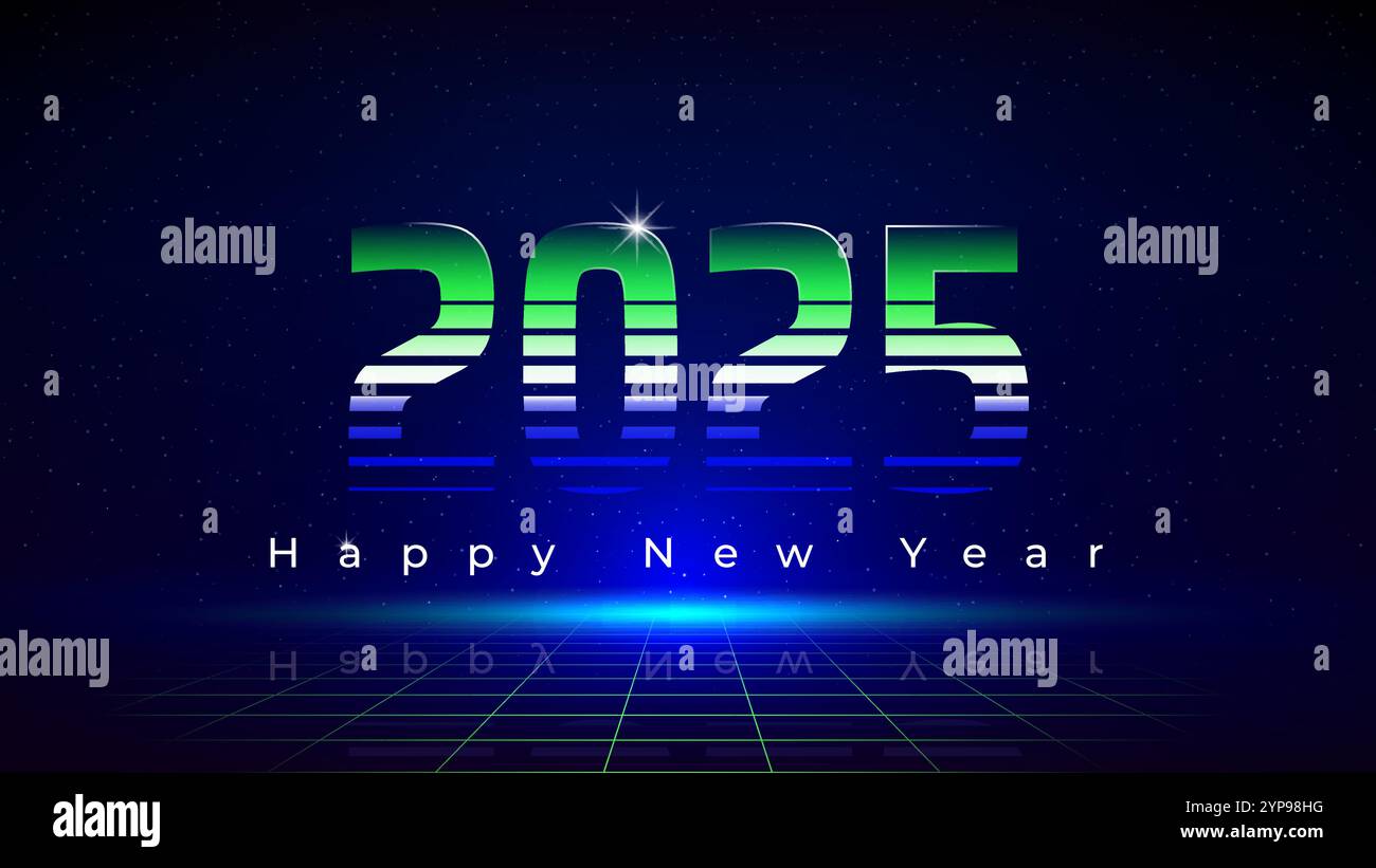 Happy New Year 2025, 25. New Year greeting card. Retro futuristic tech ...