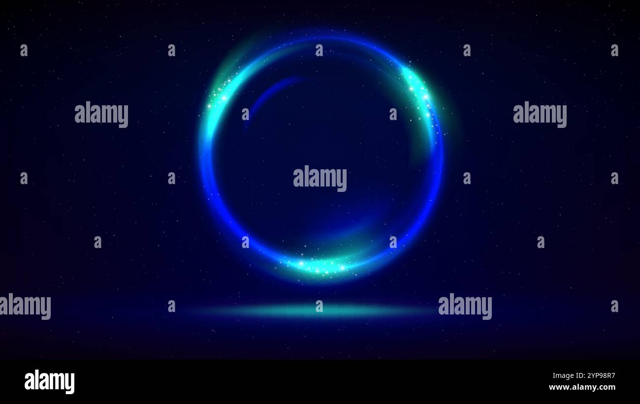 Circular frame on dark background. Cyan blue glowing circle. Shining ...