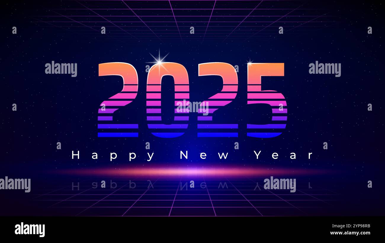 Happy New Year 2025, 25. New Year greeting card. Retro futuristic tech ...