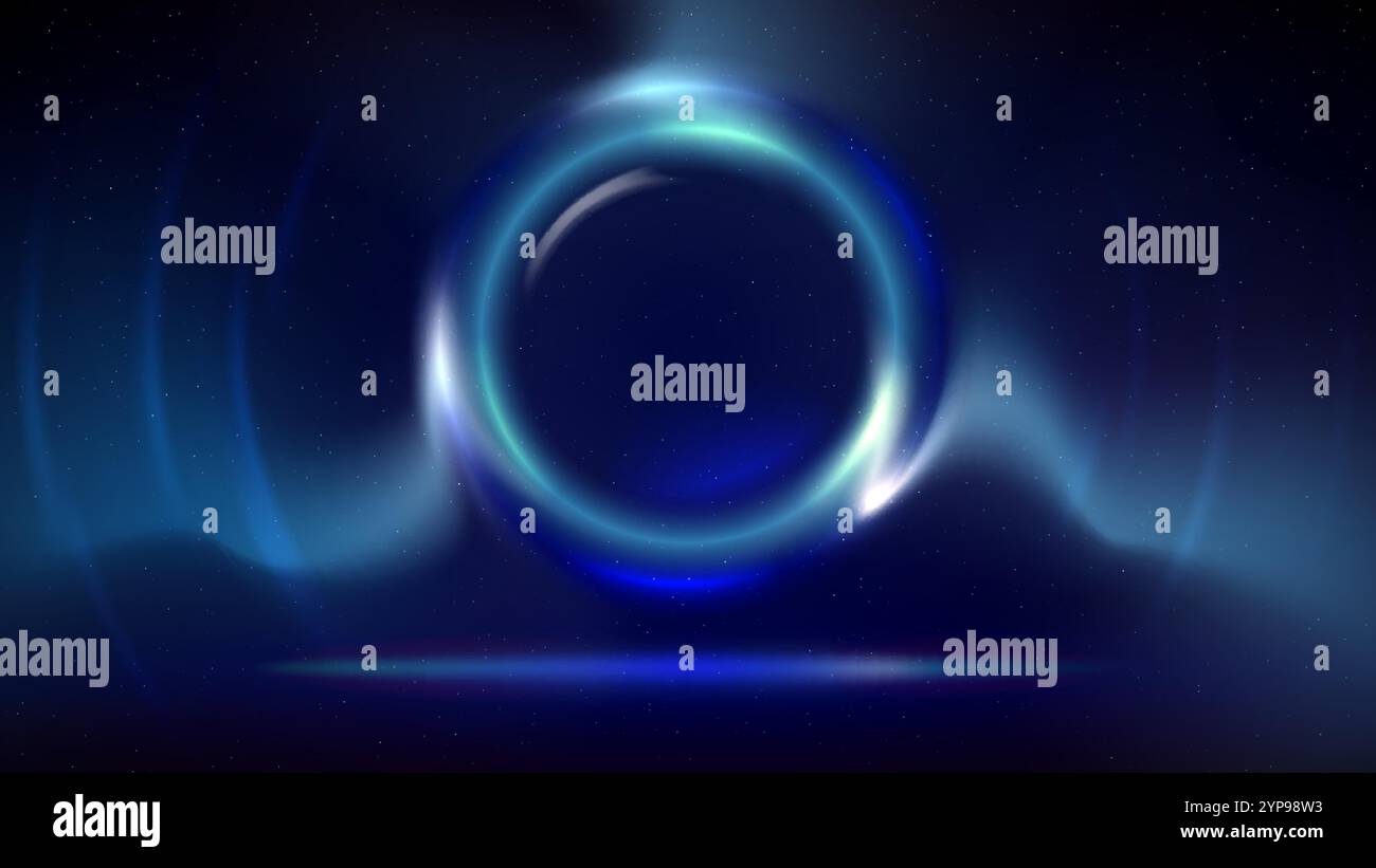 Stage, circular light frame, dark background. Blue cyan glowing plasma ...