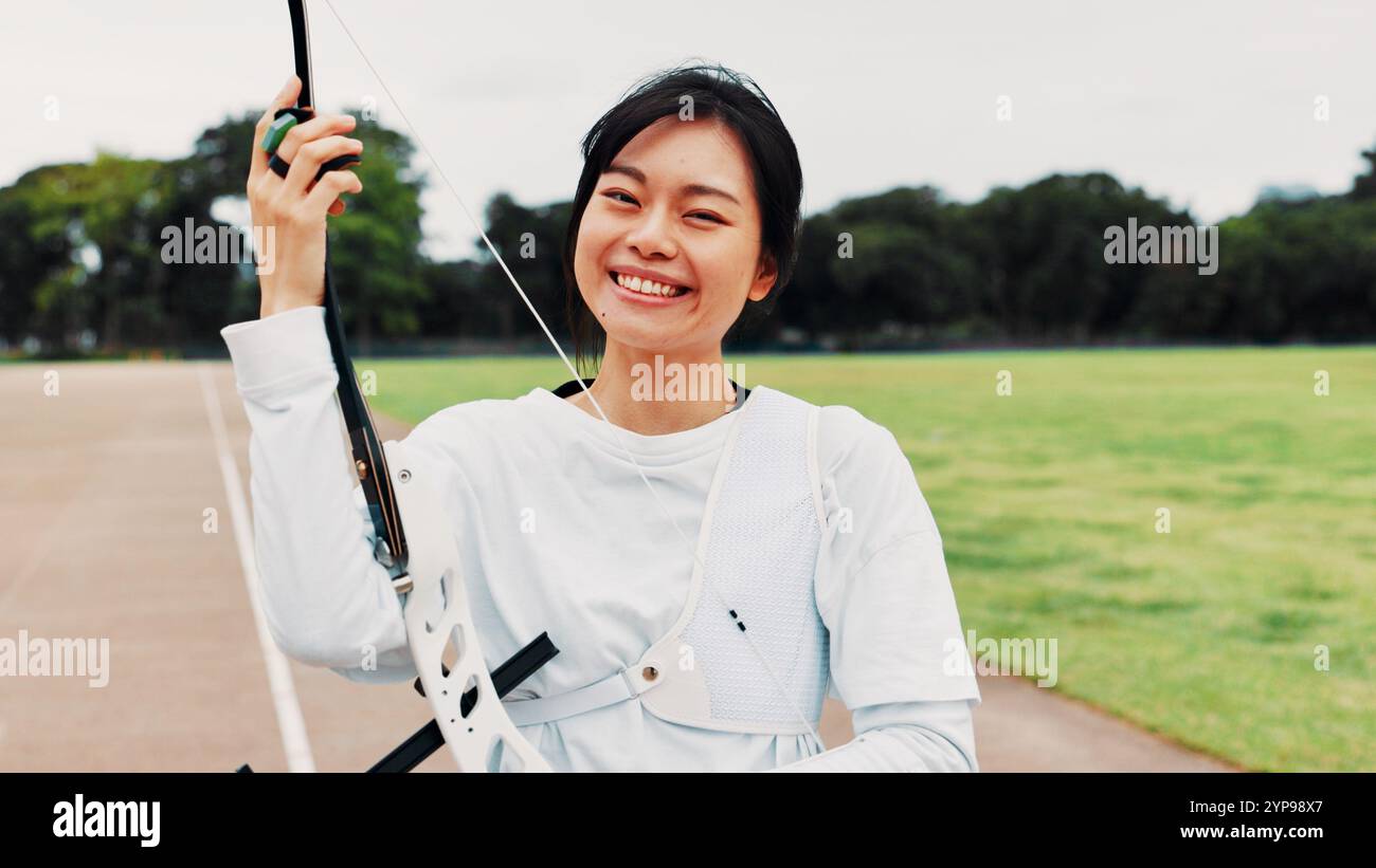 Archery, woman and portrait with bow outdoor for shooting practice ...