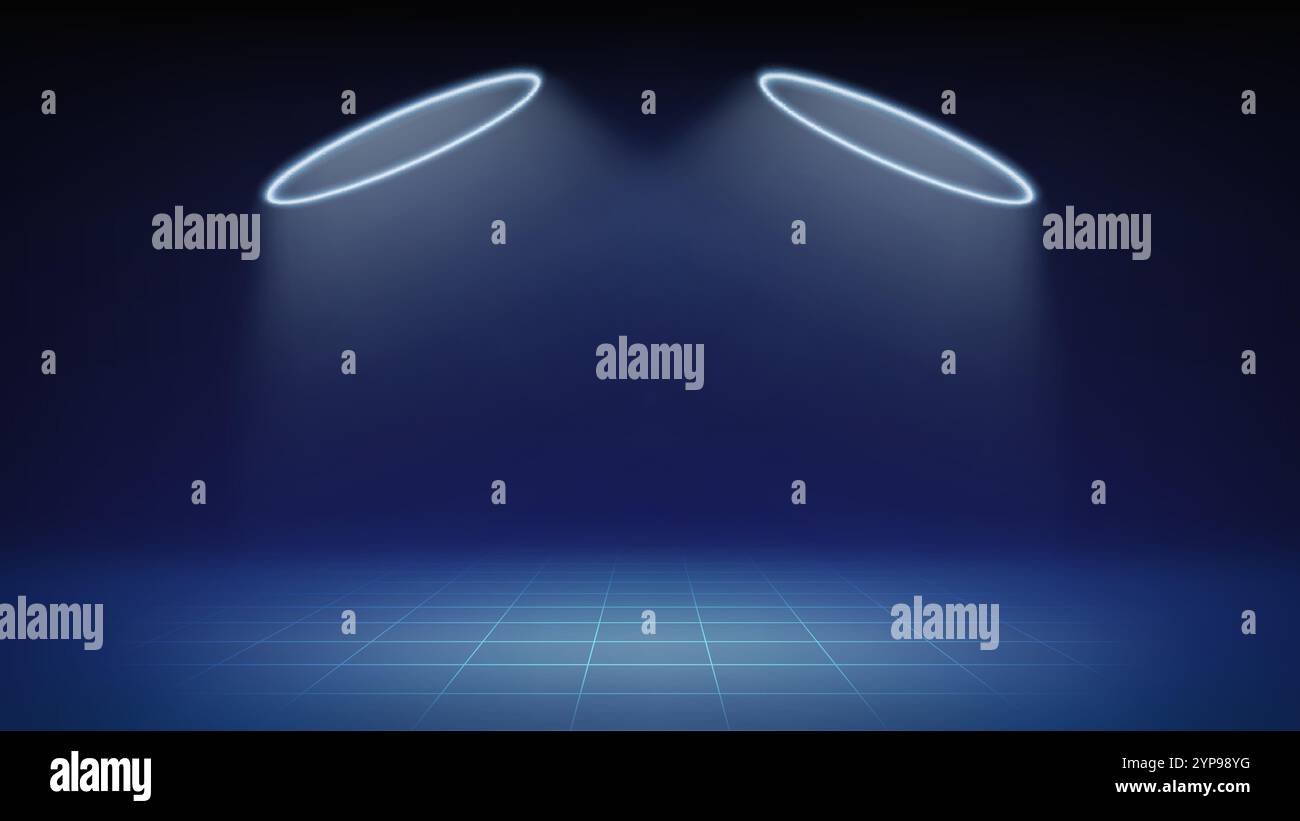 Futuristic blue stage. Dim room illuminated by circular neon, led halo ...