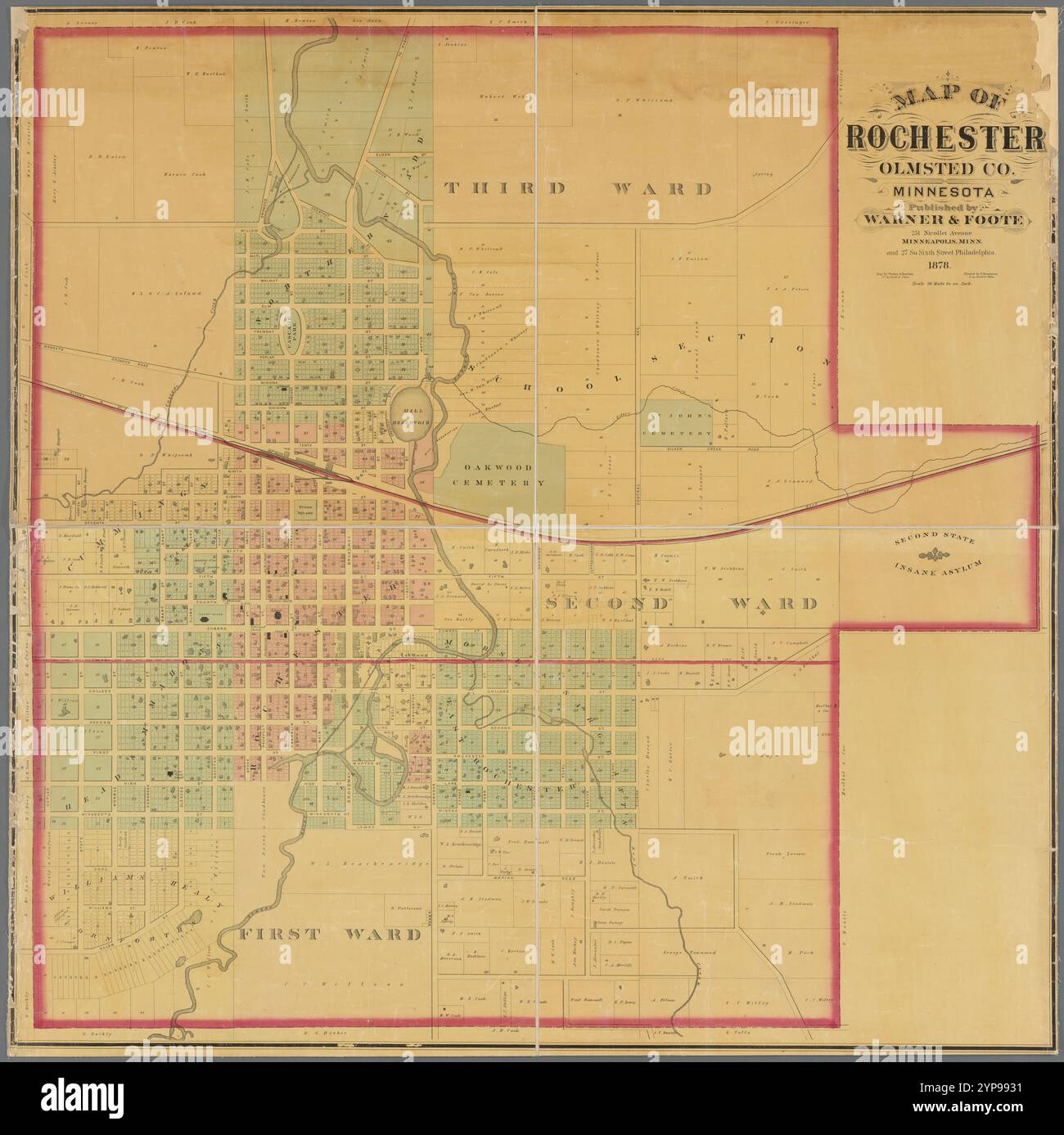 Map of Rochester, Olmsted Co., Minnesota 1878 by Warner & Foote Stock ...