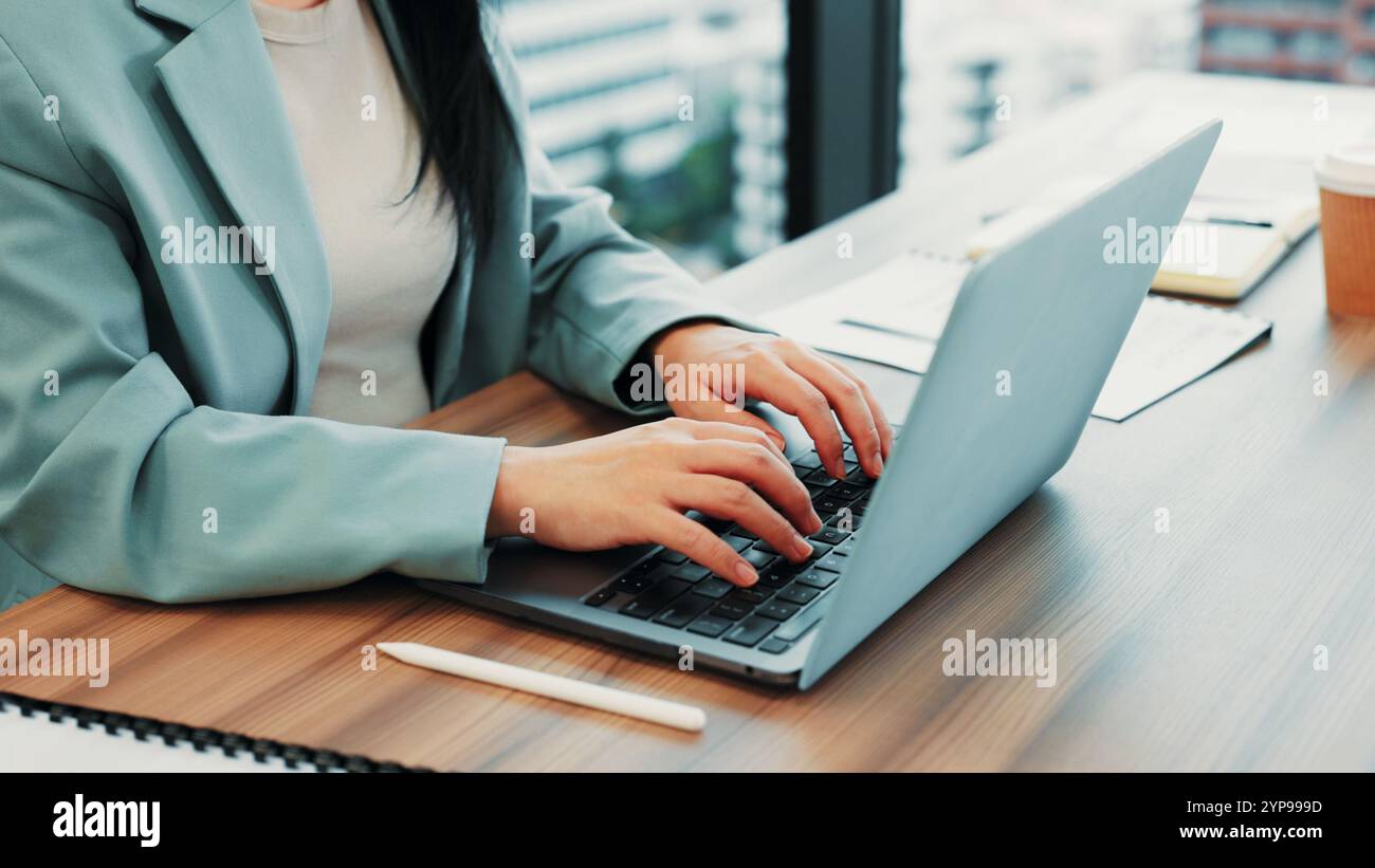 Laptop, hands and typing with business person Japan office for planning ...