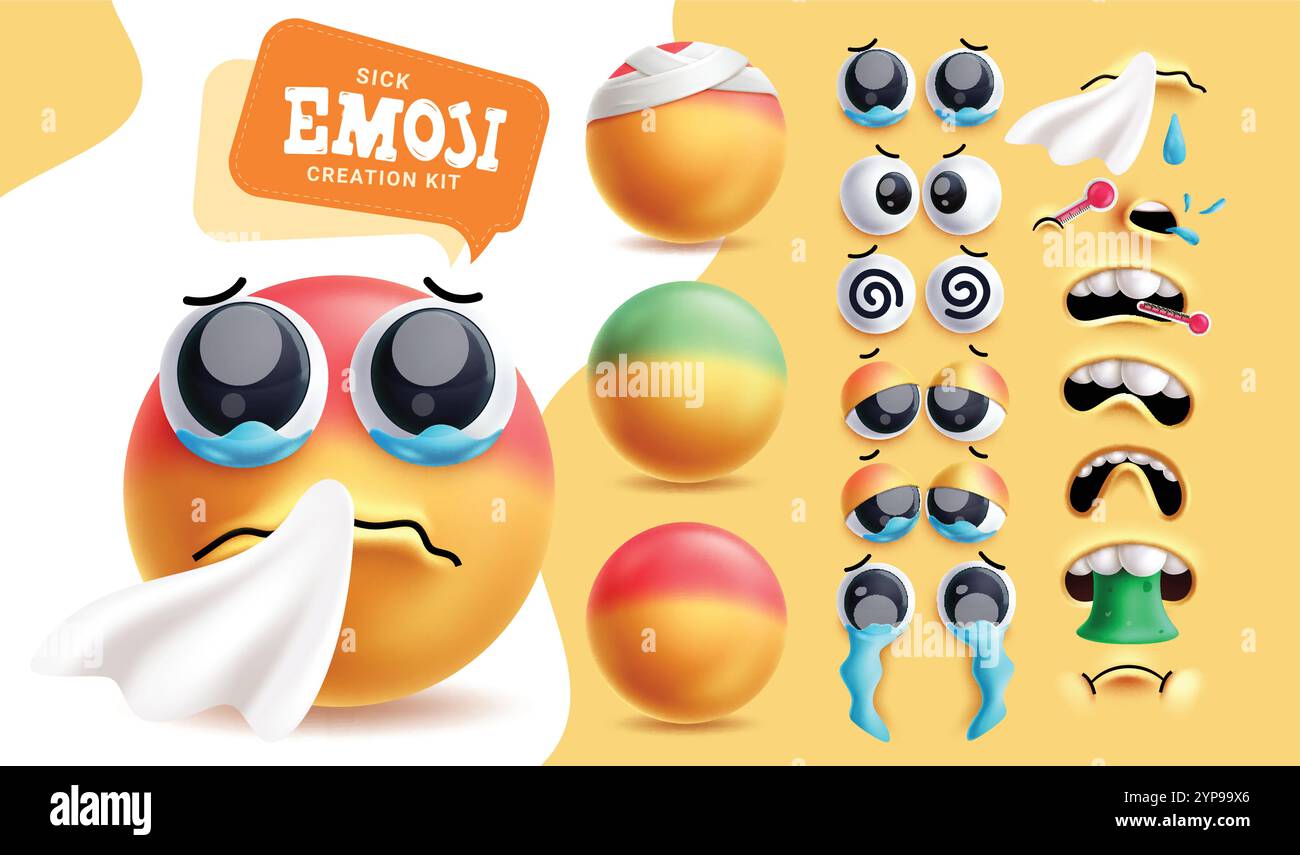Emoji creation kit sick clipart 3d character set. Emoji editable face ...