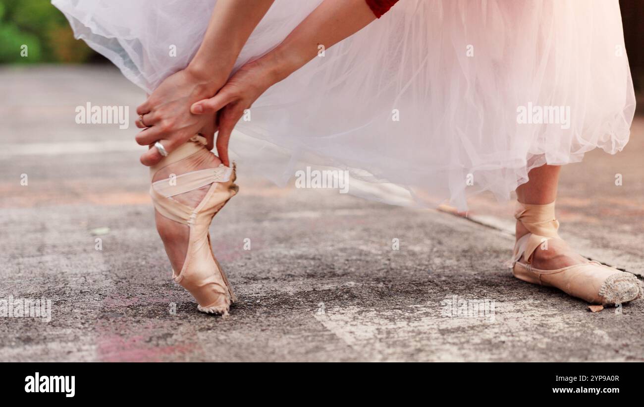 Stretching, shoes and ballet with woman in street of Japan for dancing ...