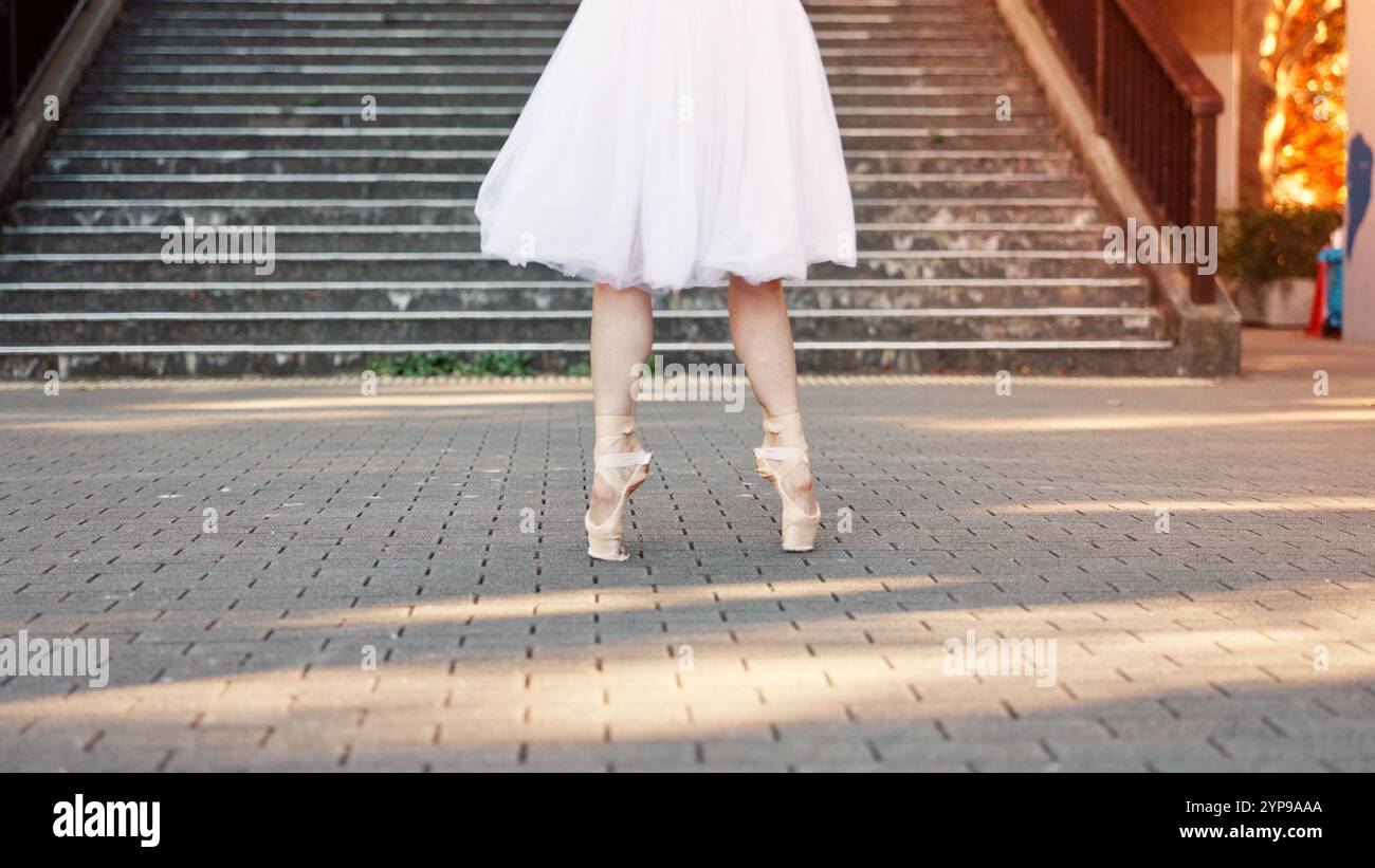 Woman, feet and ballet balance in city, outdoor and practice ...