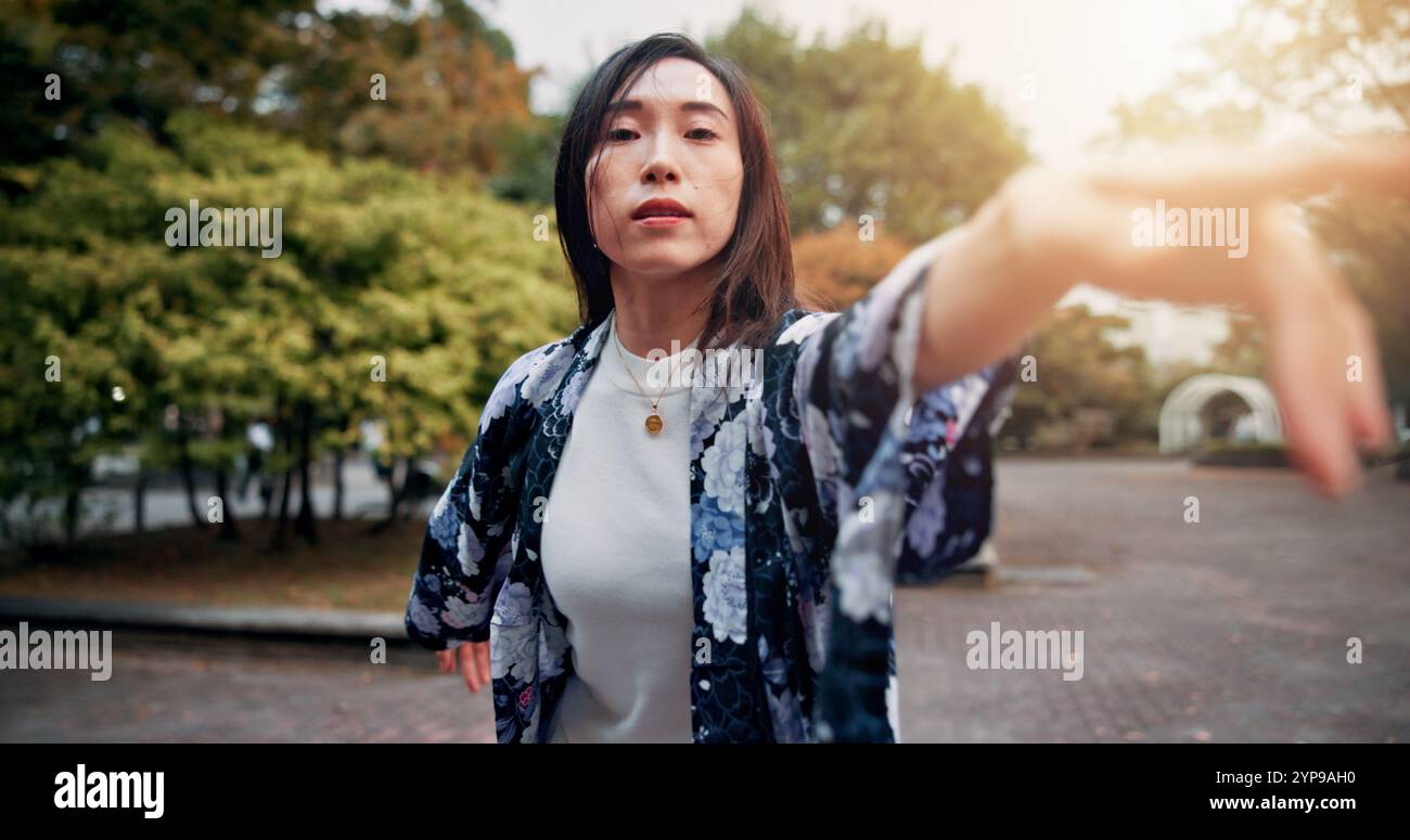 Contemporary dance, nature and portrait of woman outdoor with rhythm ...