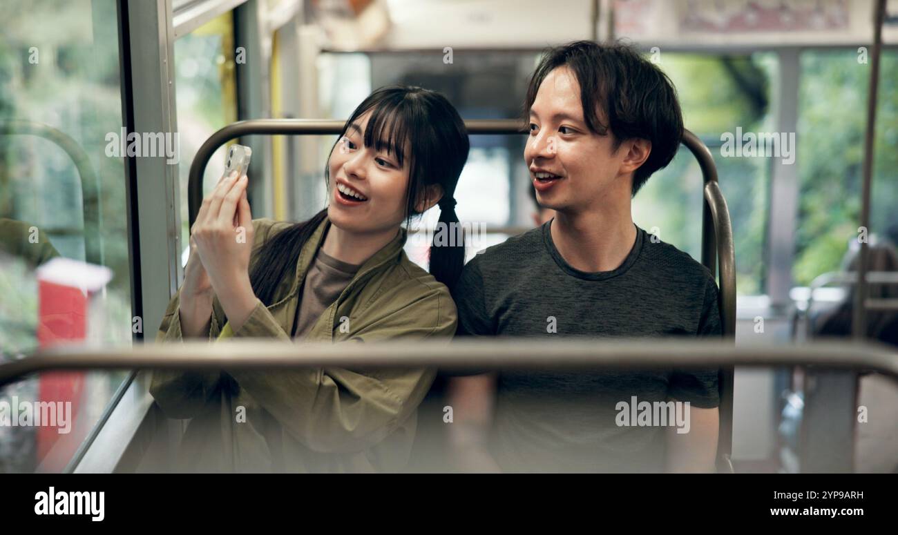 Couple, happy and photography with smartphone in cable car for ...