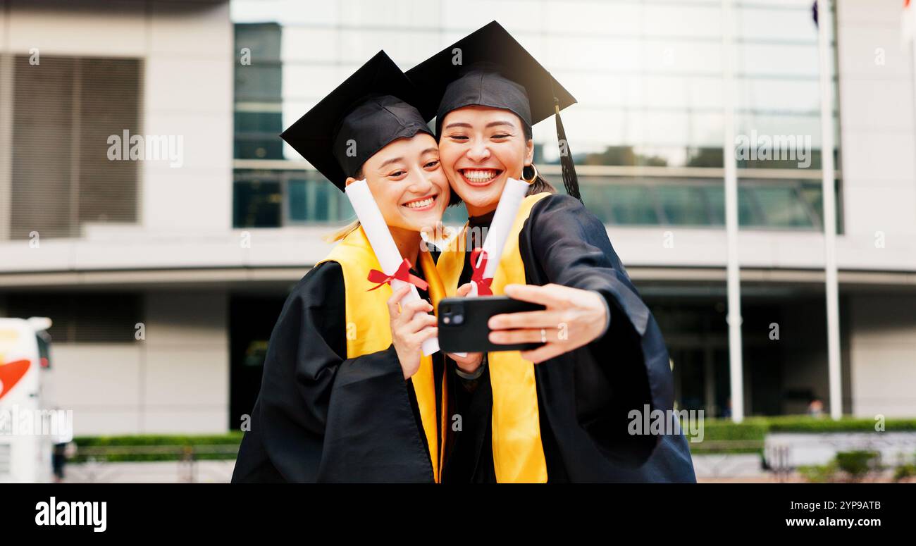 Women, college student and happy on graduation with selfie for social ...